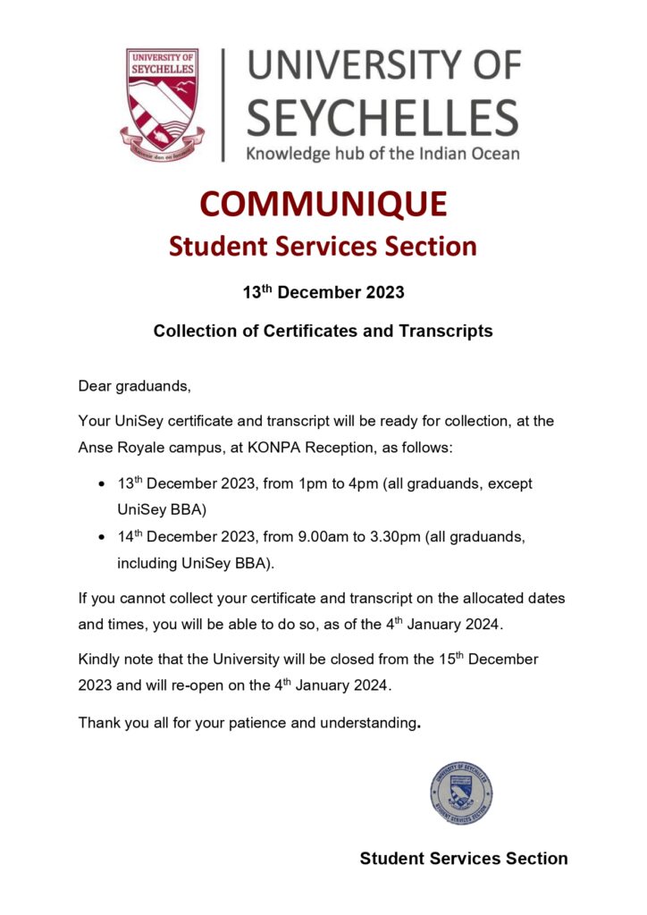 Communique_Collection of Certificates and Transcripts - University Of ...