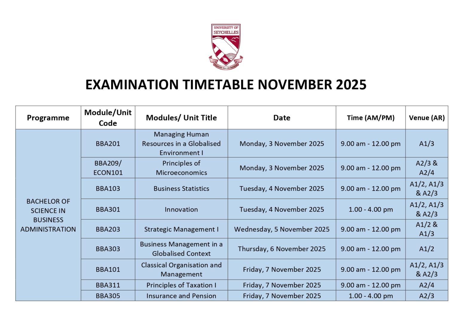 Examination Timetable November 2025 - University Of Seychelles