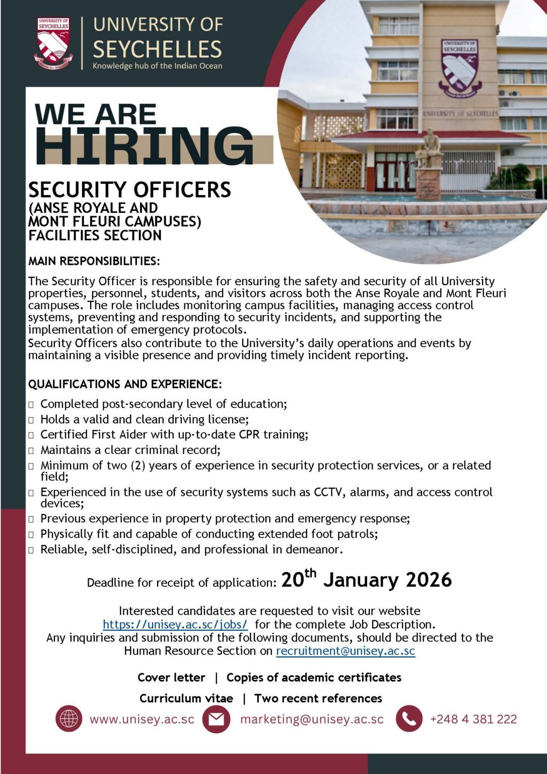 Vacancy – January 2026 – Security officers - University Of Seychelles